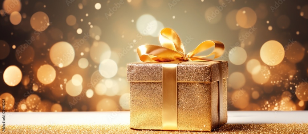 A shiny gold gift box with a golden bow sits in the center of the image ...