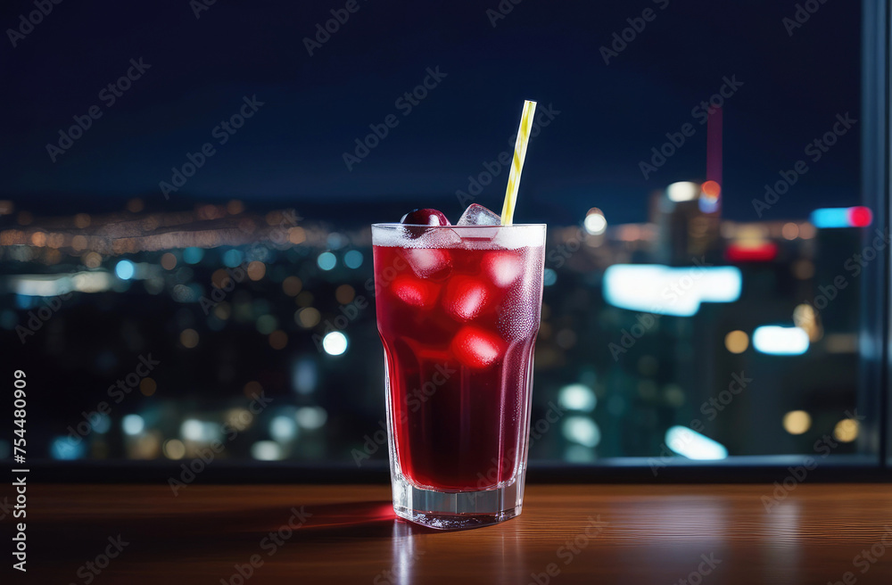 Glass of Sleepy Girl Mocktail, on the windowsill, overlooking the night ...