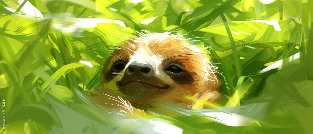 a digital painting of a baby sloth peeking out from the green leaves of ...