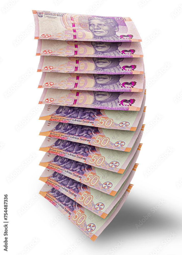 3D rendering of Stacks of South Africa Money 50 Rand Banknotes Stock ...