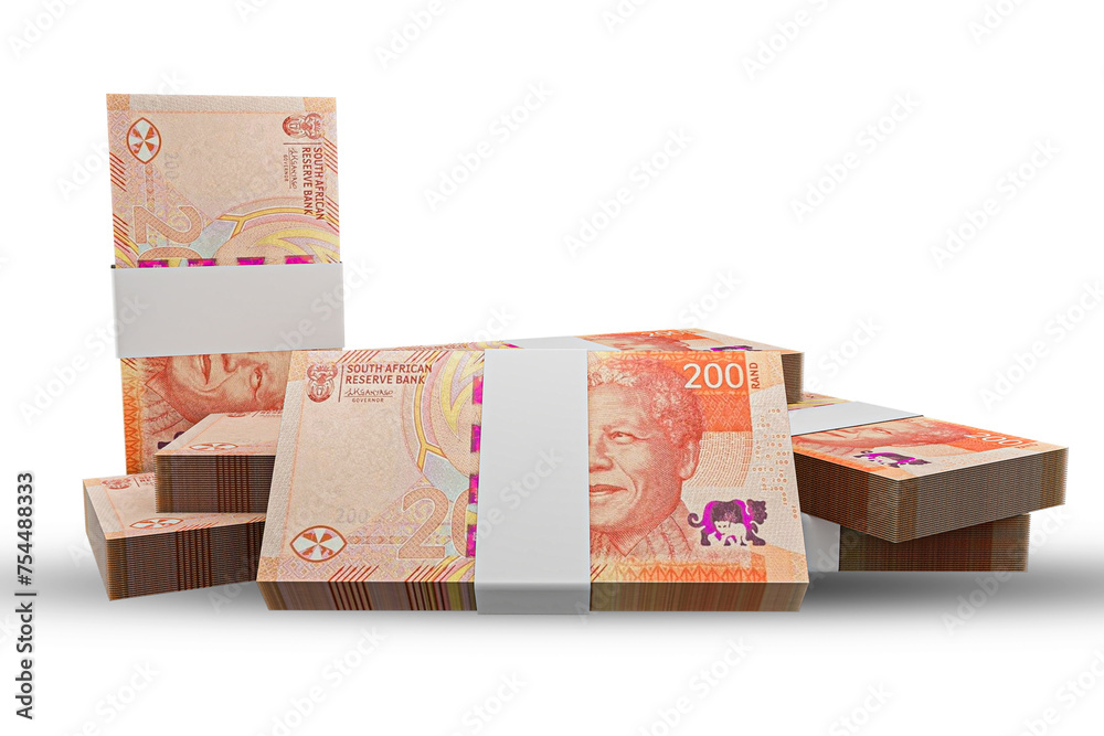 3D rendering of Stacks of South Africa Money 200 Rand Banknotes Stock ...