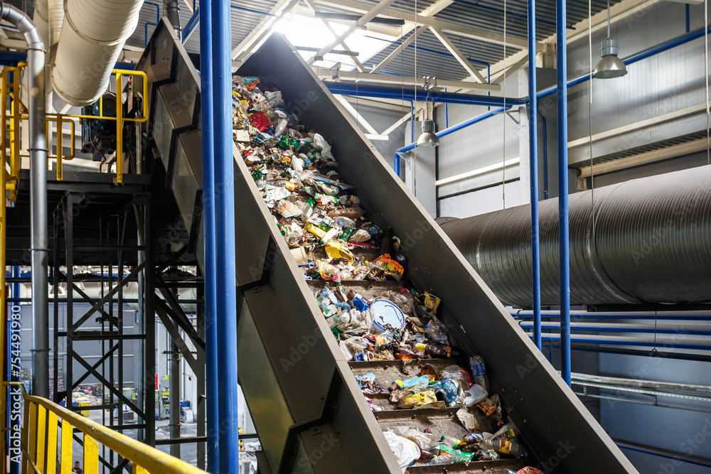 moving conveyor transporter on Modern waste recycling processing plant ...