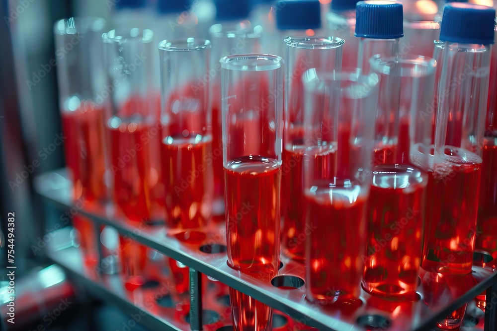 Test tubes with blood in laboratory on blurred background. AI generated ...