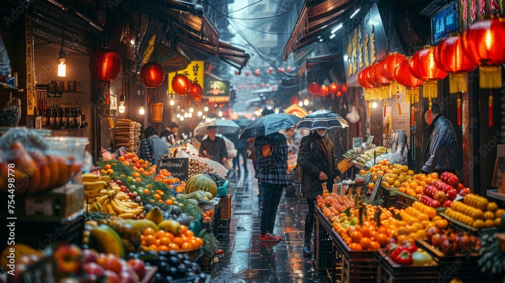 City market stroll enjoying fresh produce, flowers in rain, public ...