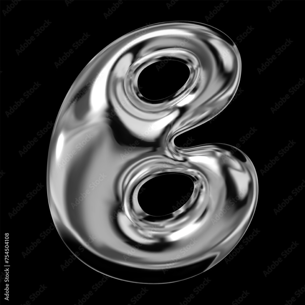 3D chrome letter B of English alphabet, Y2K retro typeface with inflated balloon bubble font ...