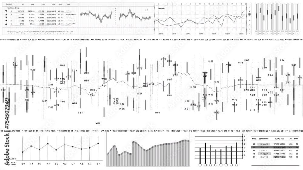 Stock Market. Various graphs and charts displayed on a white background ...