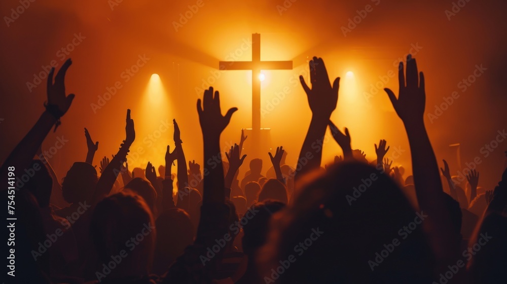 Christian people raise their hands up praying to god. Generate AI image ...