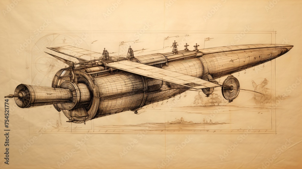 Abstract drawing captures ancient machine. Technical sketch reveals old ...