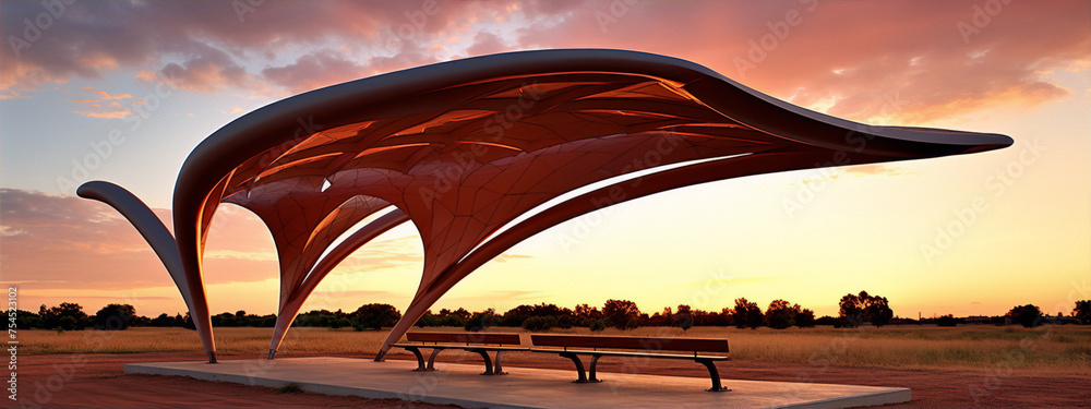 Canopy Structure With Parametric Design And Parametric Benches In A Rural Setting At Sunset