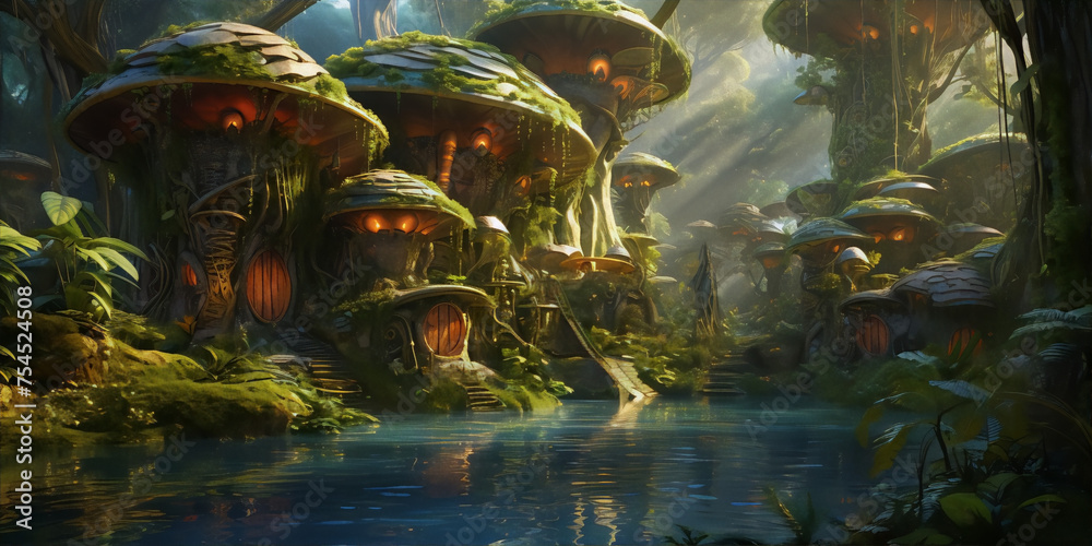 Mystical digital painting of overgrown fantasy village with glowing ...