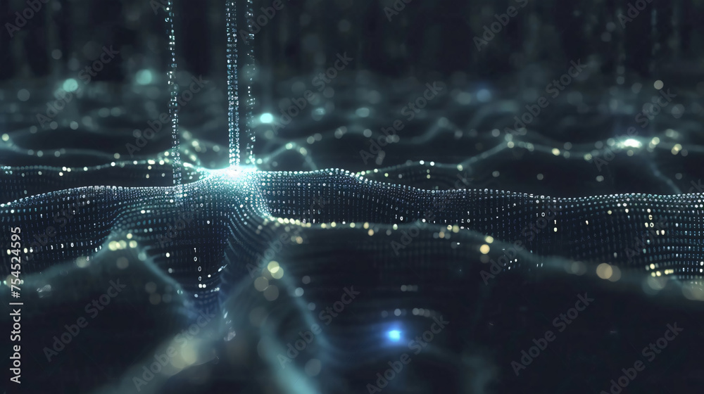 The technology concept, digital glowing binary codes make transmission ...