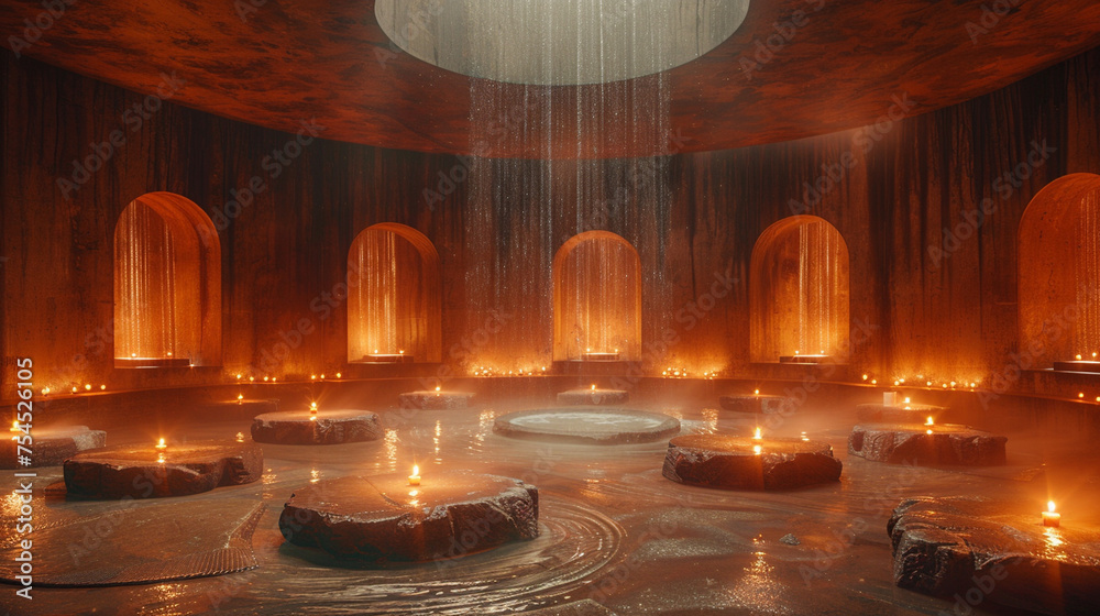 Visualize a peaceful meditation hall, where practitioners sit in silent ...