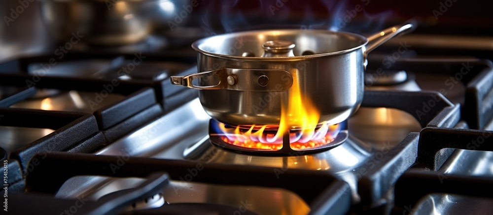 A stainless steel pot sits on a gas stove, with a visible flame heating ...