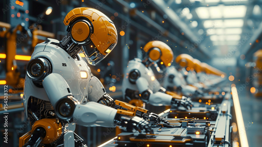 A line of industrial robots working diligently inside a factory. New ...