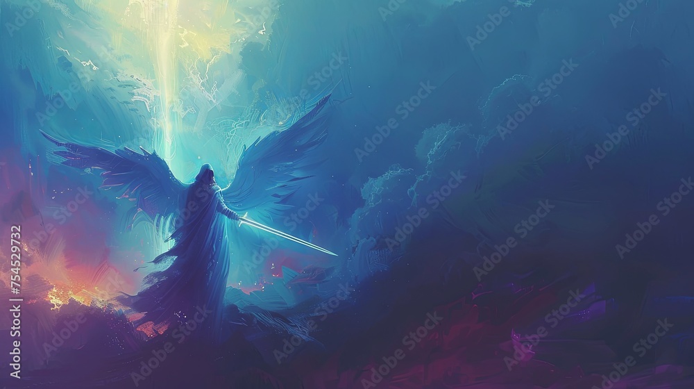 Angel with wings and sword descends from heaven. A medieval biblical ...