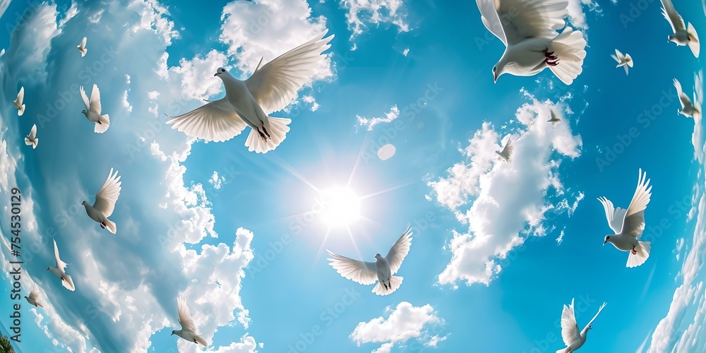 Flock of pigeons flying under sunny sky. birds in flight, freedom ...