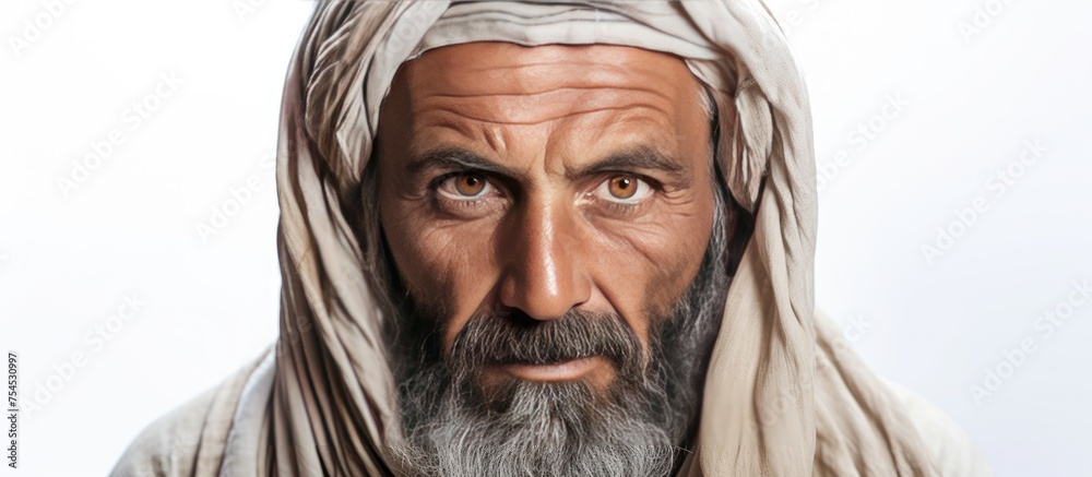 A painting depicting a man with a beard, most likely of Arab descent ...