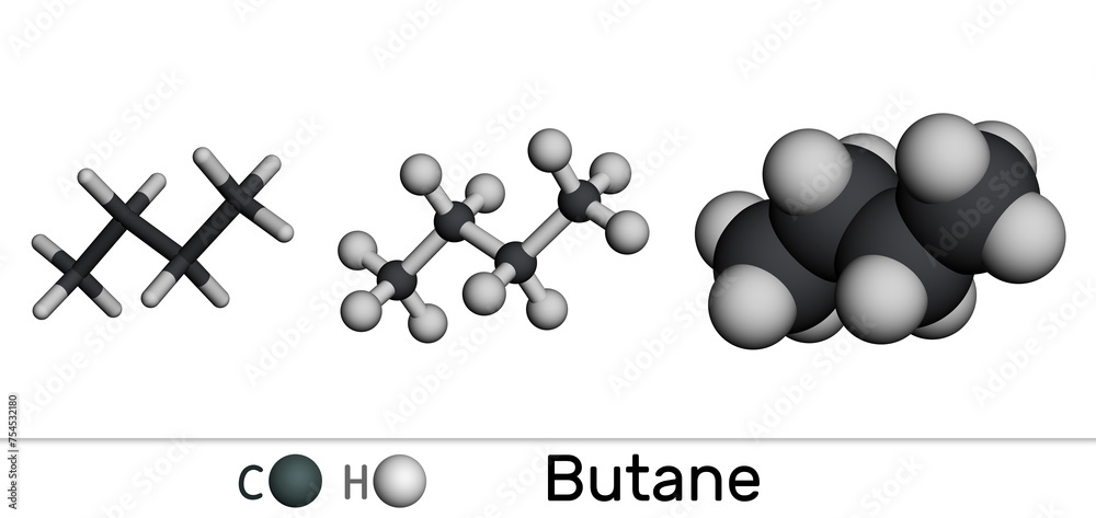 Butane C4H10 molecule. Various 3D molecular models on a white ...