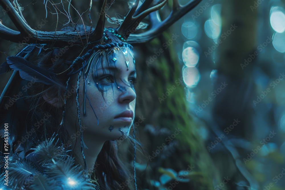 A mystical forest guardian, half-human and half-deer, standing amidst ...