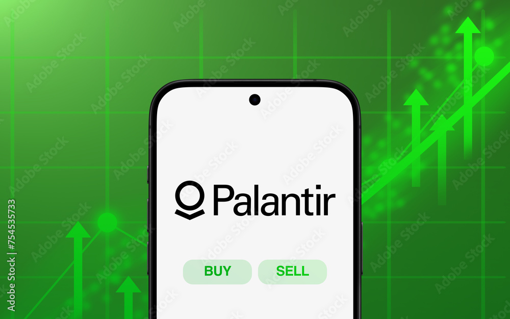 Palantir logo and buy or sell option is displayed on a modern ...