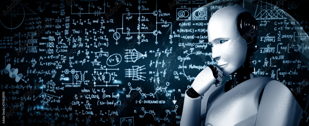 XAI 3d illustration Thinking AI humanoid robot analyzing screen of ...