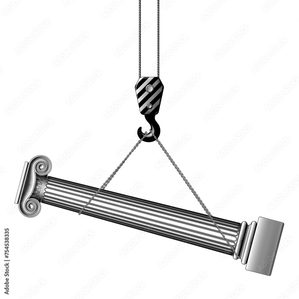 Engraved vintage black and white drawing of a modern crane hook with ...