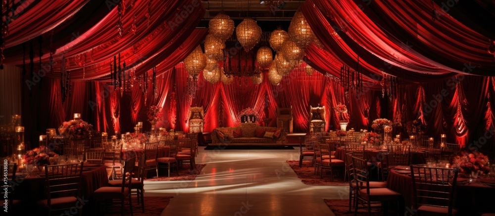 A wedding reception setup featuring red and black decor, with elaborate ...