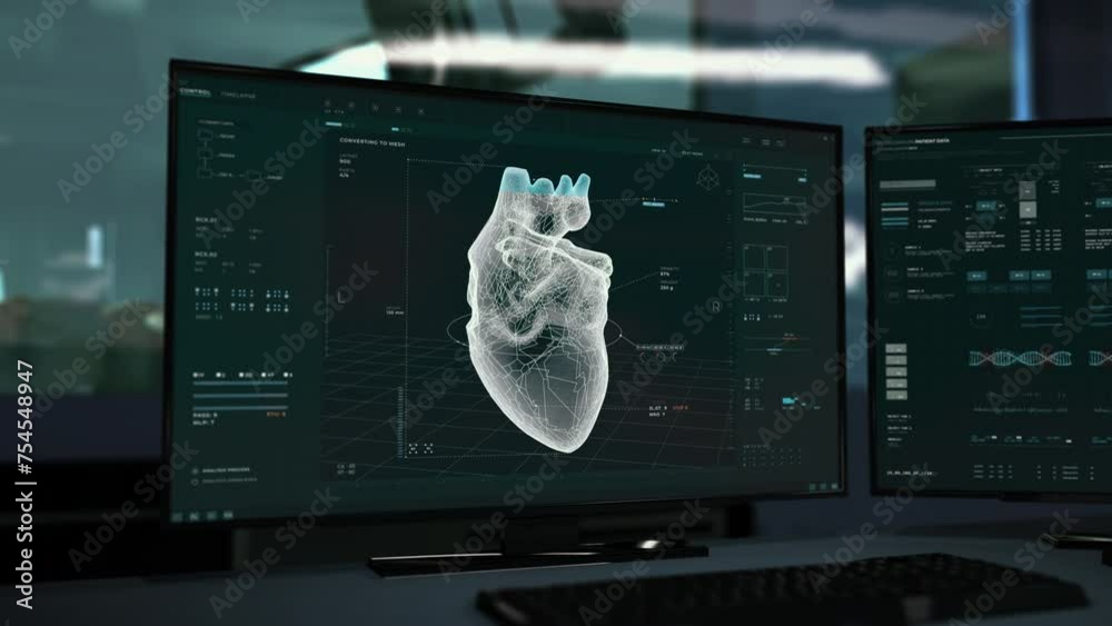 Robotic device is examining the virtual heart on a computer screen ...