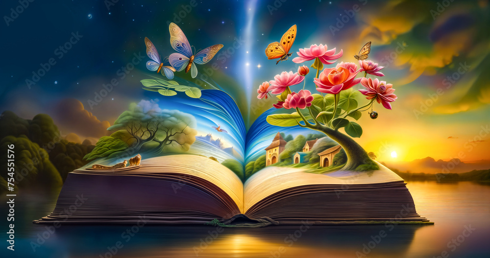 open magic book with a fairy scene inside, fairy tale background ...