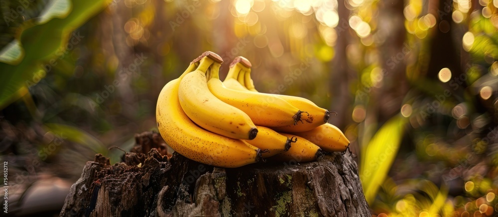 Ripe bananas are placed on a tree stump in this outdoor setting. Stock ...