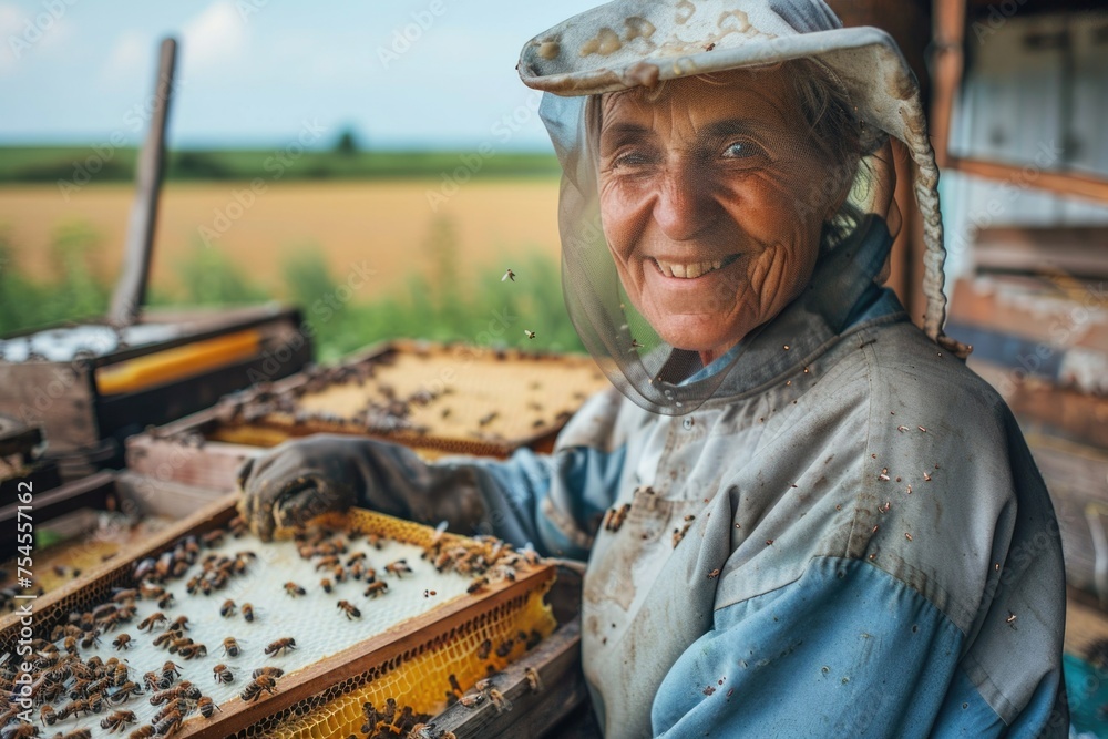 female beekeeper inspecting a honeycomb frame f standing in front of ...