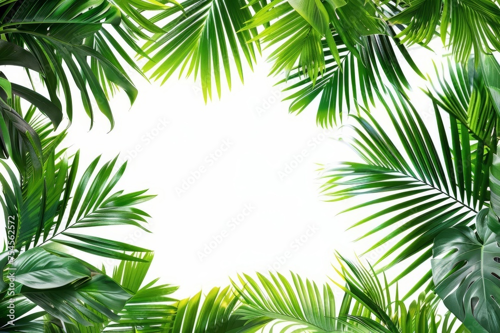 Tropical palm frond frame Lush greenery border isolated on a white ...