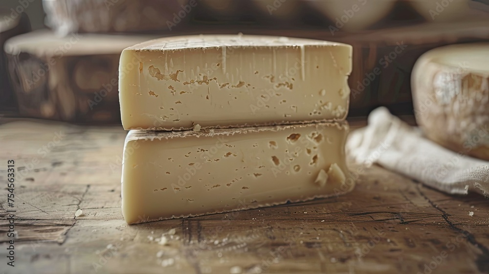 the creamy texture and pale color of Maasdam cheese with a background ...