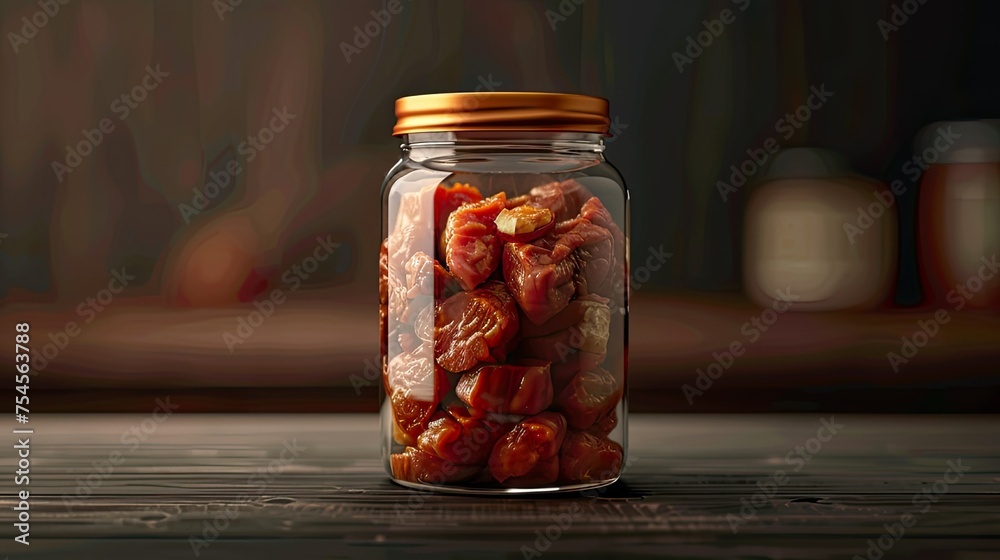 glass jar with canned meat on a rustic wooden table. In the background ...