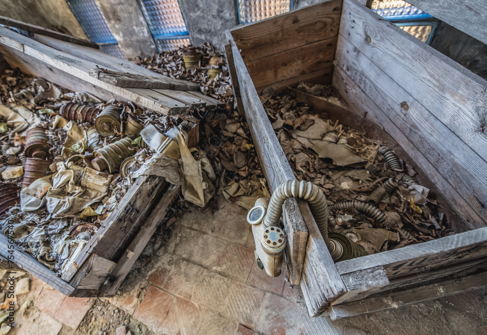 Boxes with old gas masks in Middle School No. 3 in Pripyat ghost city ...