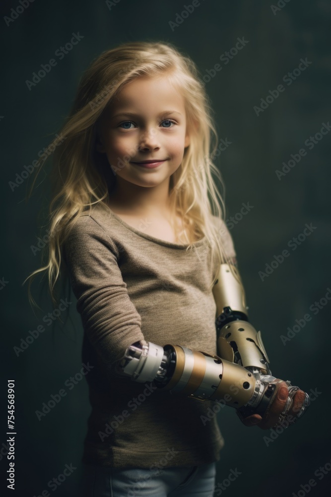 Young girl confidently with technologically advanced prosthetic arm ...
