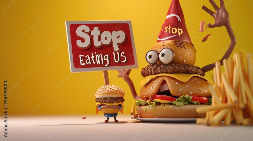 Whimsical plea: cartoon characters, fast food holding a sign 'Stop ...