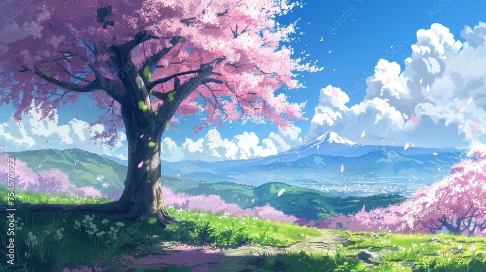 a beautiful japanese landscape view in anime cartoonish artstyle. a ...