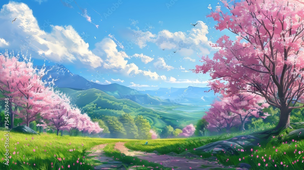 a beautiful japanese landscape view in anime cartoonish artstyle. a ...