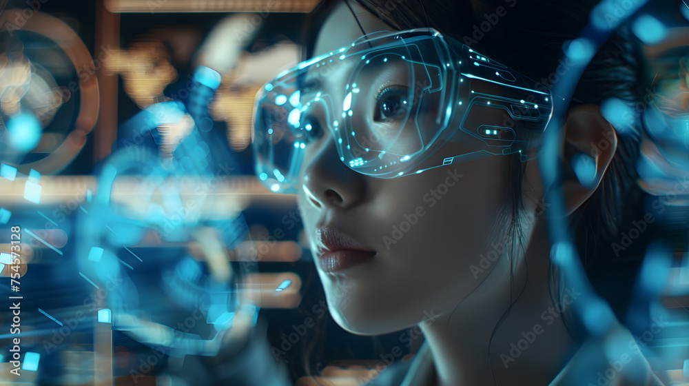 A closeup shot of an Asian woman wearing futuristic glasses with ...