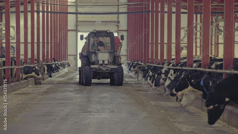 Red Tractor comes with hay to feed the cows at the Cow House, Barn ...