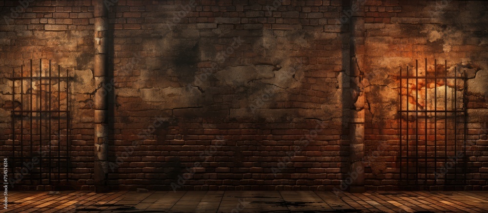 A dark room with a prominent old prison brick wall and a sturdy gate ...