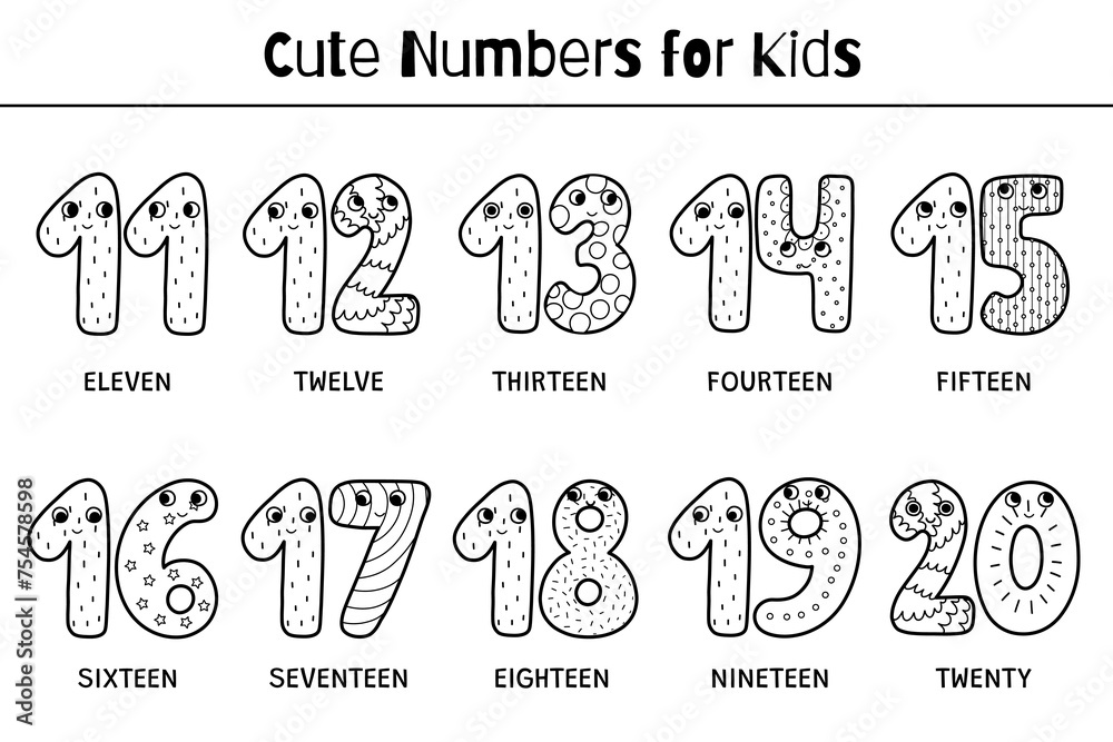 Cute numbers 11-20 educational set for kids in black and white. Funny ...
