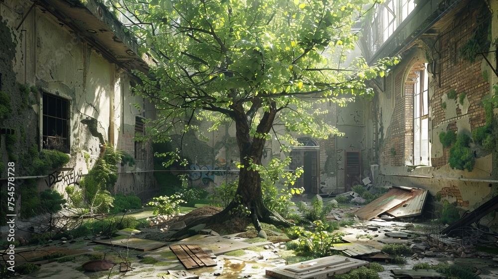 Show nature reclaiming urban environments, with trees bursting through ...