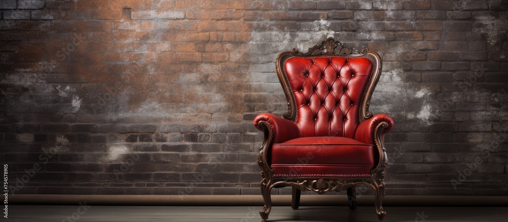 A vintage red baroque chair is positioned in front of a textured brick ...