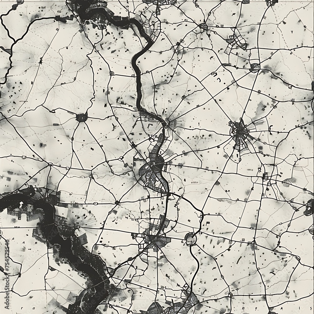 Satellite grayscale black and white map with highly detailed routes ...