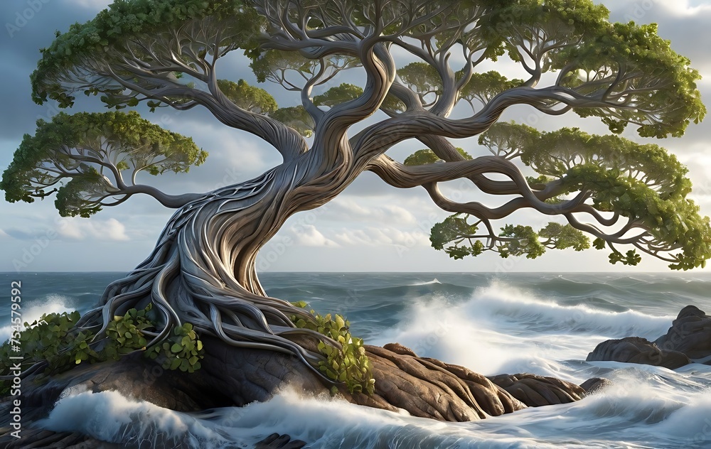 A majestic full grown oak tree. The Whispering Tree, perched on a ...