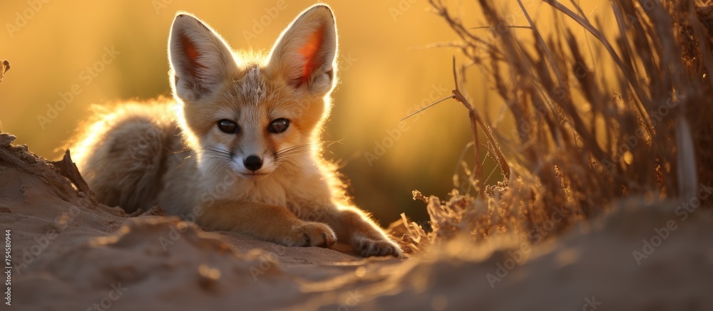 A Cape Fox cub emerges from its burrow and sits atop a sandy hill ...