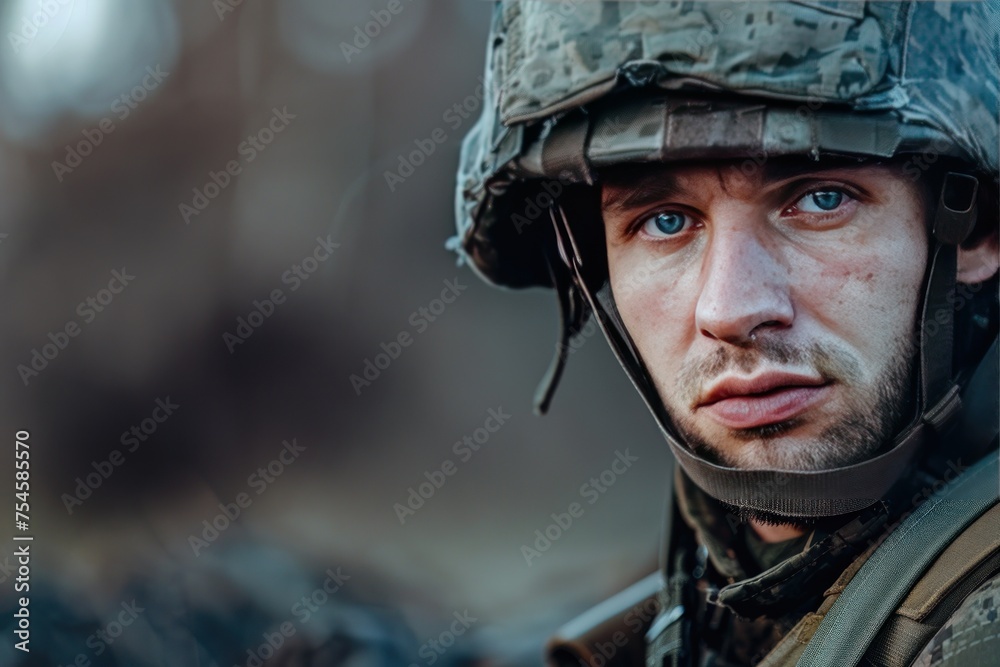 A man in a military uniform is looking at the camera. He has a serious ...