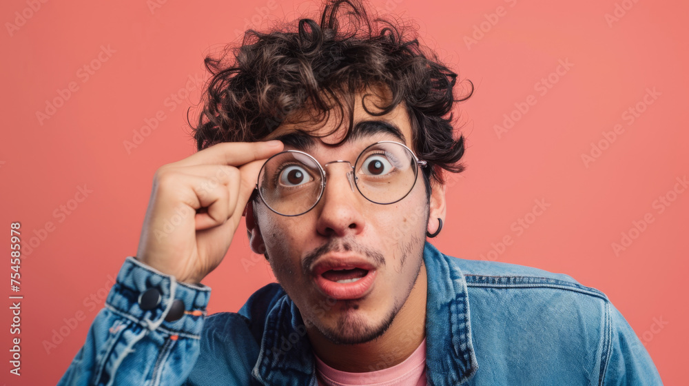 young man with curly hair is holding his round glasses and looking at ...